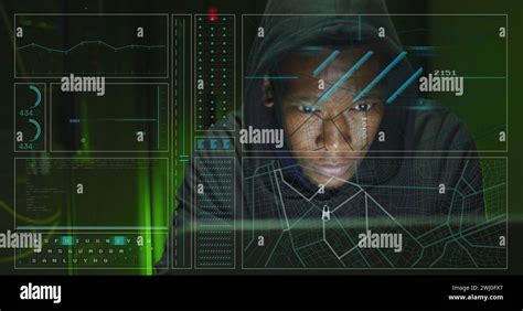 Image Of Data Processing Over African American Male Hacker With Computer And Computer Servers