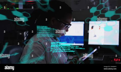 Image Of Data Processing And Chemical Formula Over Biracial Female Scientist Using Tablet Stock