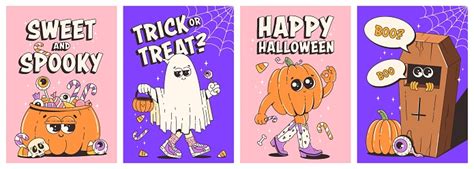 할로윈 포스터 세트 7080년대의 트렌디한 복고풍 그루비 스타일과 펑키한 캐릭터 트릭 오어 트릿 해피 할로윈 달콤하고