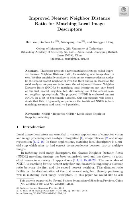 Pdf Improved Nearest Neighbor Distance Ratio For Matching Local Image Descriptors First Ccf