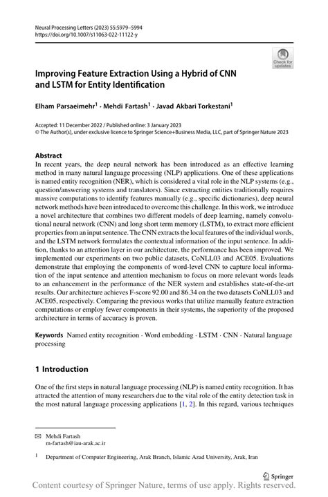 Improving Feature Extraction Using A Hybrid Of Cnn And Lstm For Entity