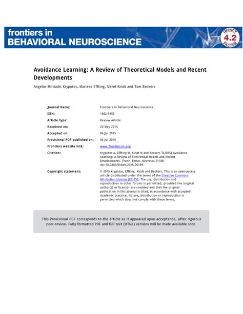 Pdf Avoidance Learning A Review Of Theoretical Models And Recent Developments
