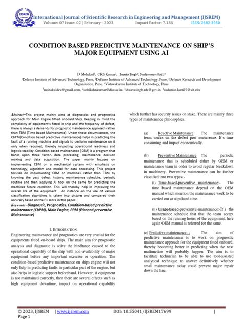 condition based predictive maintenance on ship s major equipment using