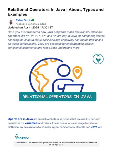Relational Operators In Java About Types And Examples Esha Gupta Pdf Software