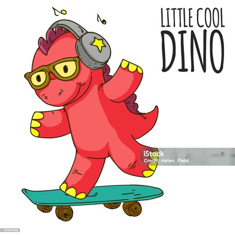 멋진 공룡 디노 음악을 듣고 어린이용 만화 마스코트 어린이 의류 티셔츠 디자인의 패셔너블한 일러스트 0명에 대한 스톡 벡터 아트 및 기타 이미지 Istock