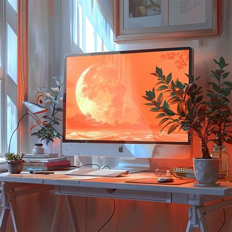 There Is A Computer Monitor Sitting On A Desk With A Plant Generative Ai Premium Ai Generated