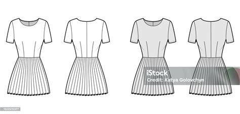 드레스 주름 테크니컬 패션 일러스트와 반소매 몸에 맞는 미니 길이 스커트 플랫 의류 전면 0명에 대한 스톡 벡터 아트 및 기타 이미지 Istock