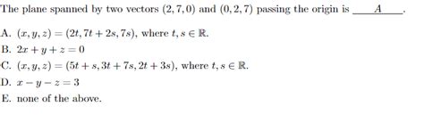 Solved The Plane Spanned By Two Vectors 270 And 02 7