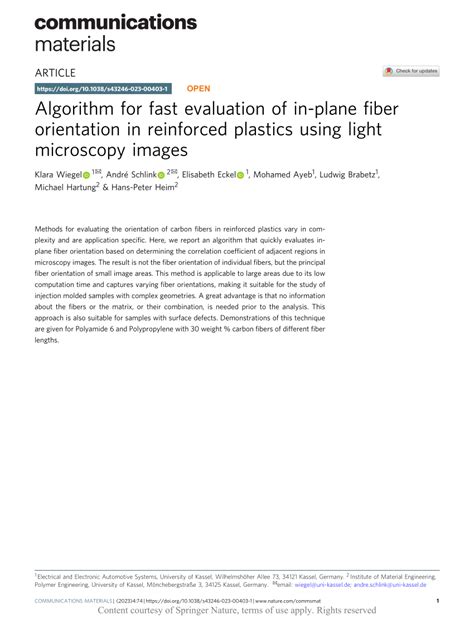 Pdf Algorithm For Fast Evaluation Of In Plane Fiber Orientation In Reinforced Plastics Using