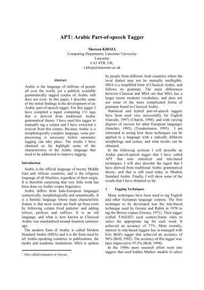 Apt Arabic Part Of Speech Tagger Computer Science