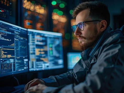focused programmer analyzing complex data on multiple screens at night