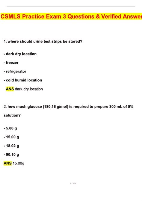 CSMLS Practice Exam 3 Latest 2025 2026 Update Questions And Verified Answers 100 Correct
