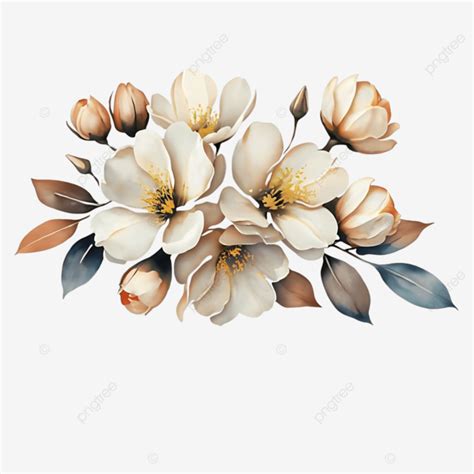 Watercolor Abstract Beige Flowers With Leaves And Fresia Branches On