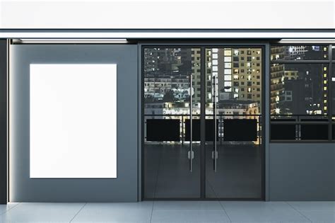 Premium Photo Clean Storefront With Empty White Wide Mock Up Banner And Night City Window