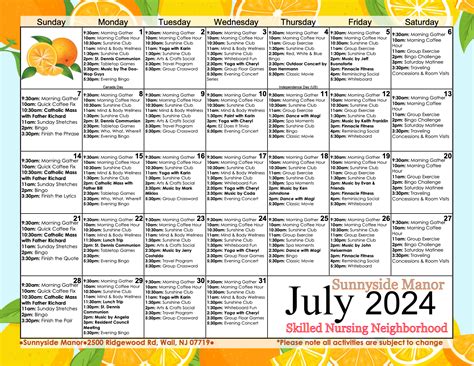 Calendar Wall Nj Skilled Nursing Sunnyside Manor