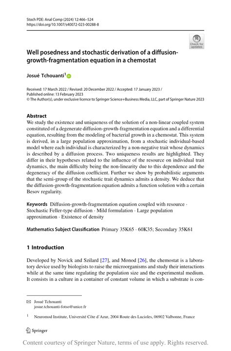 Well Posedness And Stochastic Derivation Of A Diffusion Growth Fragmentation Equation In A Chemostat