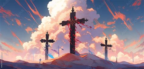 Christian Illustration Of Crosses In The Desert In Anime Style Many Crosses On The Background