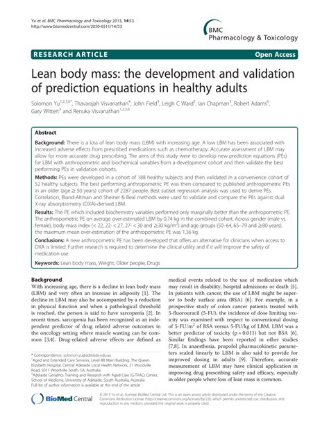 Pdf Lean Body Mass The Development And Validation Of Prediction Equations In Healthy Adults