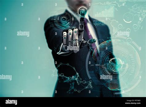 Businessman Operating Virtual Hud Interface And Manipulating Elements With Robotic Hand Blue