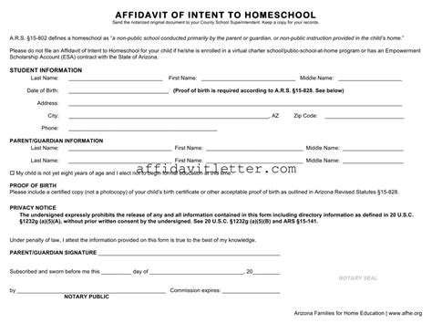 Affidavit Homeschool Maricopa County Form Fillable Template