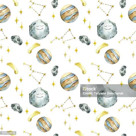 흰색 배경에 행성과 별과 수채화 원활한 패턴 공간 별자리 달 토성 혜성을 가진 아이들을위한 귀여운 인쇄 웃는 캐릭터 수면과 밤 테마 0명에 대한 스톡 벡터 아트 및 기타