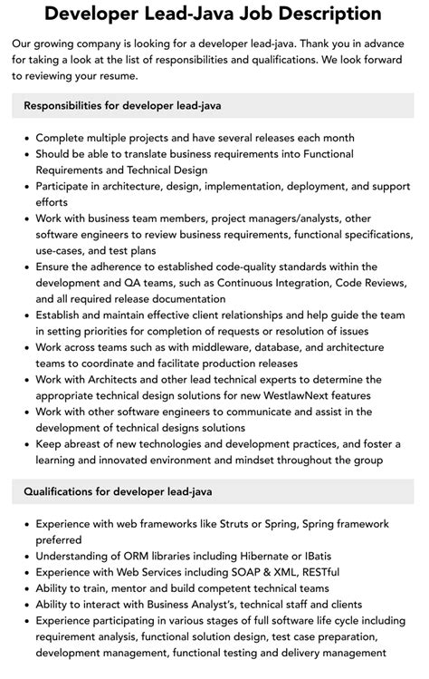 Developer Lead Java Job Description Velvet Jobs