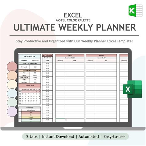 Weekly Planner Excel Template With Weekly Schedule Planner Pastel Etsy