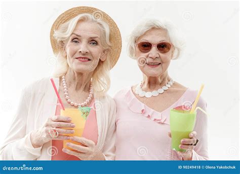 Happy Old Women Having Fun With Exotic Drink Stock Photo Image Of