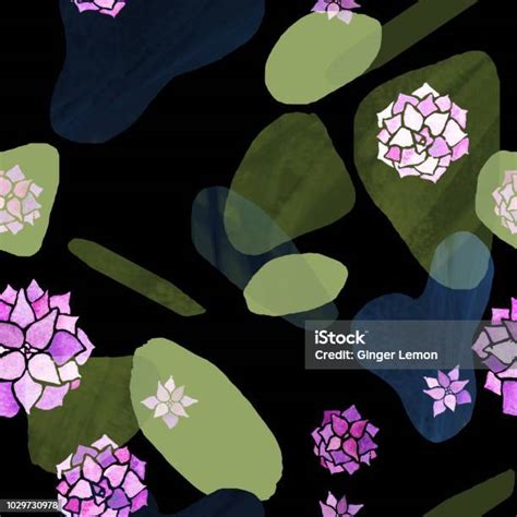 추상 미니 멀 완벽 한 패턴입니다 검은 바탕에 파스텔 핑크 수채화 Echeveria 식물을 가진 녹색 및 파랑 얼룩 가벼운에