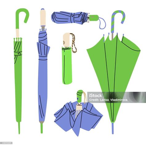 다양한 모양과 색상의 우산 세트 접는 우산 또는 지팡이 우산 가을 비가 오는 날씨 손으로 그린 색상 벡터 그림은 투명한 배경에 고립되어 있습니다 10월에 대한 스톡 벡터