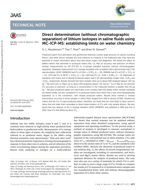 Pdf Direct Determination Without Chromatographic Separation Of Lithium Isotopes In Saline