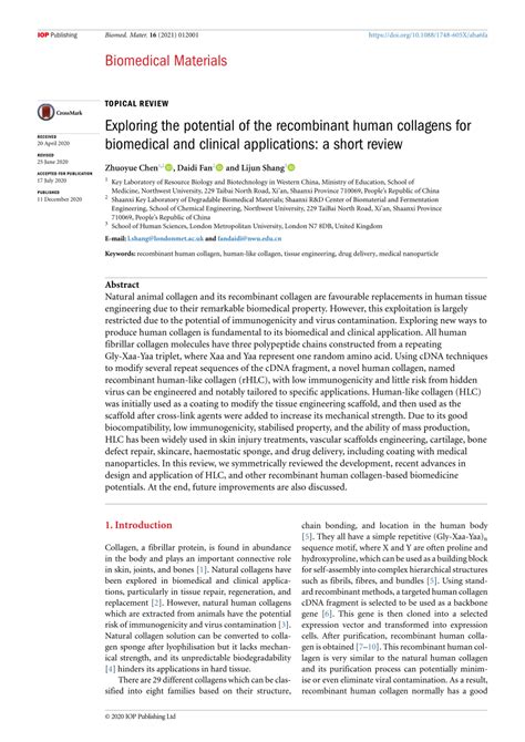 Exploring The Potential Of The Recombinant Human Collagens For Biomedical And Clinical