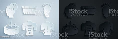 마사지 석조 요법 발 마사지 사다리가있는 수영장 사우나 양동이 및 음양 아이콘을 설정합니다 벡터 3차원 형태에 대한 스톡 벡터 아트 및 기타 이미지 Istock