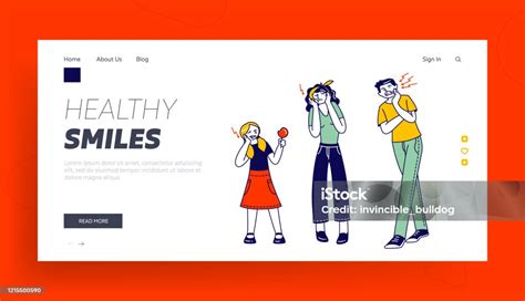 치통의 고통 문자 방문 페이지 템플릿입니다 남자 여자와 롤리팝 홀드 뺨 치아 또는 잇 몸에 끔찍한 고통을 느낀다 구강 내의 충치 선형 사람 벡터 일러스트레이션 개념에 대한