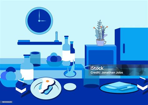 파란색 식탁에는 식기 냉장고 전자레인지가 마련되어 있습니다 일러스트레이션에 대한 스톡 벡터 아트 및 기타 이미지 일러스트레이션 벡터 부엌 Istock