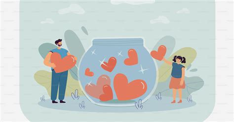 작은 아버지와 딸이 유리병에 큰 하트를 넣는다 만화 남자와 소녀는 기부 플랫 벡터 일러스트레이션의 상징으로 하트를 들고 있다 배너 또는 랜딩 웹 페이지에 대한 자선 개념