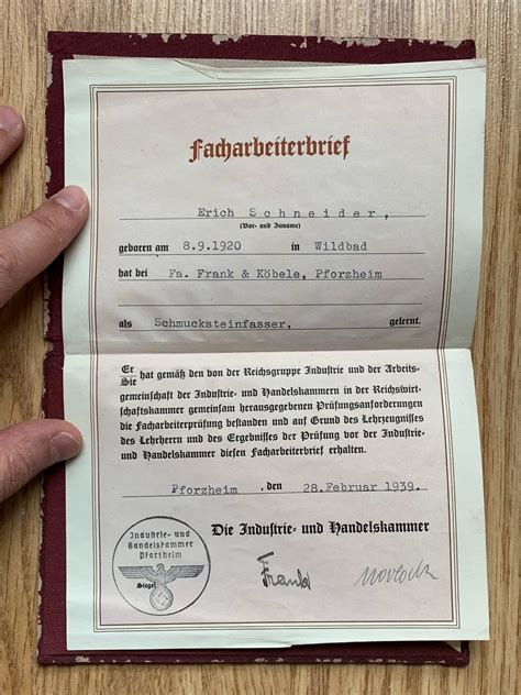 Skilled Worker Certificate Jeweller 1939 Abmilitaria