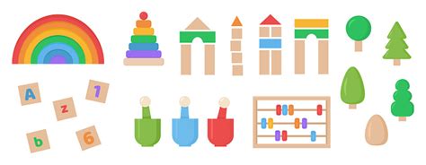몬테소리 시스템 장난감의 벡터 세트 아이들은 유치원 아이들을위한 게임을 논리 아기 발달을위한 나무 생태 놀이 유아를위한 다채로운 요소의 컬렉션 유아 교육 교육에 대한 스톡