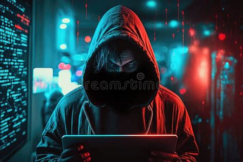 hacker in a mask and hood looks at the laptop screen hacking and
