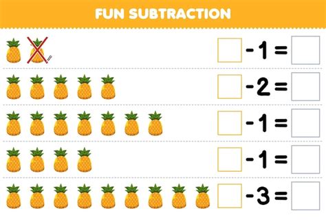 각 행에 있는 만화 파인애플을 세고 인쇄 가능한 과일 워크시트를 제거하여 어린이를 위한 교육 게임 재미있는 뺄셈 프리미엄 벡터