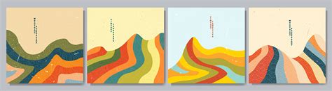 벡터 일러스트레이션 중반 세기 현대 그래픽 50 년대 60 년대 복고풍 예술 그런 지 긁힌 질감 미니멀리스트 산 풍경 줄무늬가