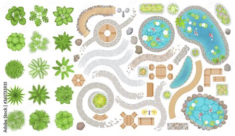 Set Of Park Elements Top View Collection For Landscape Design Plan Maps View From Above