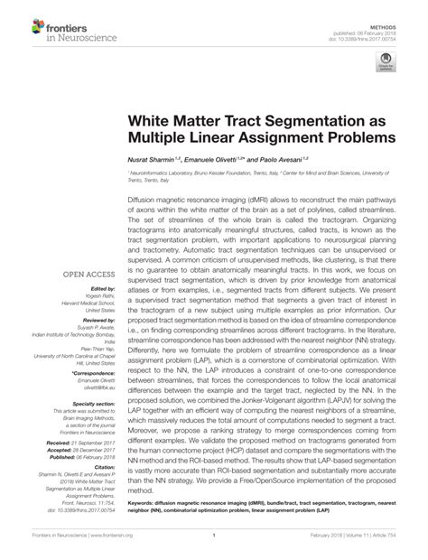 Pdf White Matter Tract Segmentation As Multiple Linear Assignment Problems