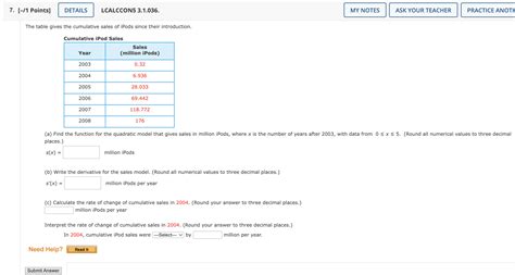 Solved The Table Gives The Cumulative Sales Of Ipods Since