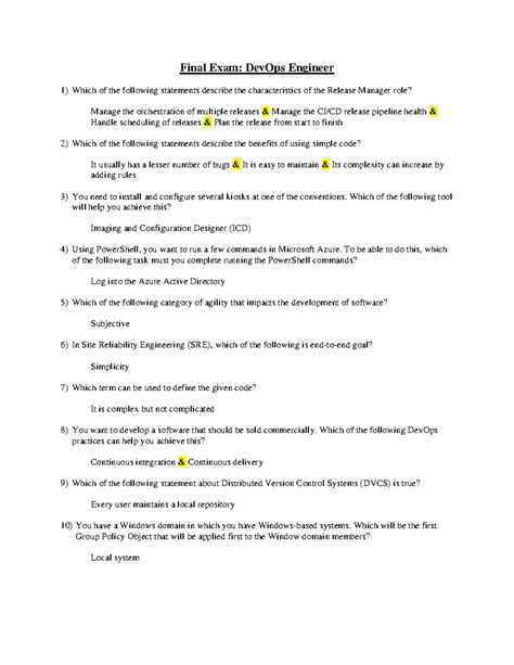 Skillsoft Dev Ops Engineer Software Engineering Final Exam Final