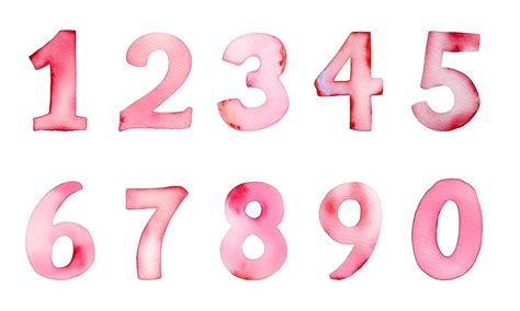 Set Of Colorful Watercolor Numbers Hand Painted Pink Watercolor