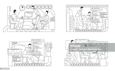 협업 프로젝트에 종사하는 직원들은 얇은 선 벡터 일러스트레이션 세트를 설정합니다 웹 개발자 비즈니스 분석가가 흰색 배경에 있는 문자를 간략하게 설명합니다 기업 근로자 스타일
