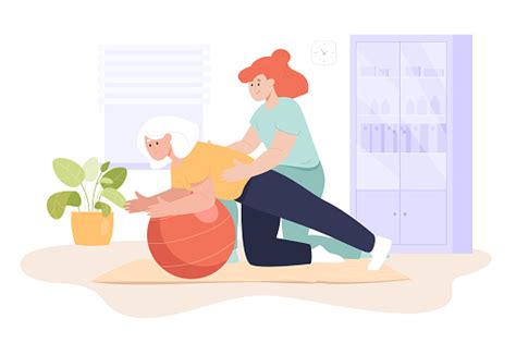 물리 치료 중 노인 환자를 돕는 젊은 여성 운동에 대한 스톡 벡터 아트 및 기타 이미지 운동 환자 건강한 생활방식