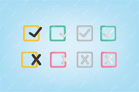 3d 만화 스타일 체크 크로스 마크 여러 가지 빛깔의 체크리스트 다채로운 세트 격리 된 흰색 배경 프리미엄 벡터