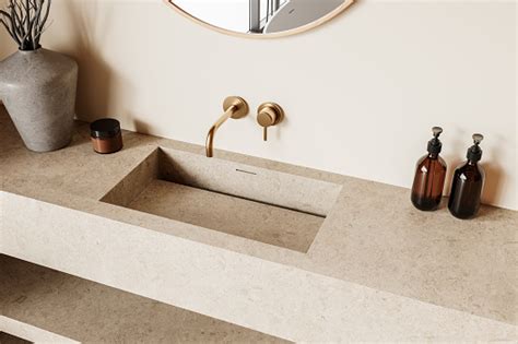 베이지색 벽에 일체형 석재 세면대와 금색 수도꼭지가 있는 현대적인 욕실 조리대 3d 렌더링 0명에 대한 스톡 사진 및 기타 이미지 Istock